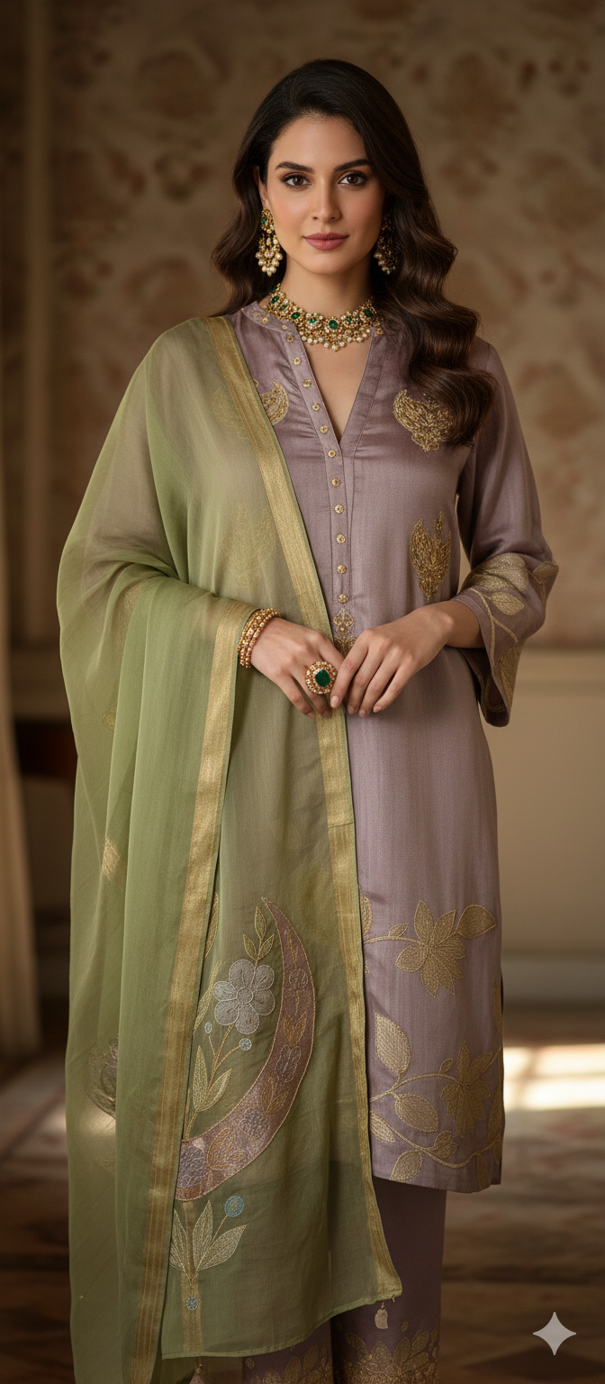 Dholki Edit - Pure Maple Raw Silk - Lavendar & Green Chaand Phool – Zarmina Khan Official